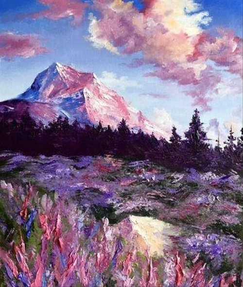 Картина маслом горный пейзаж цветы