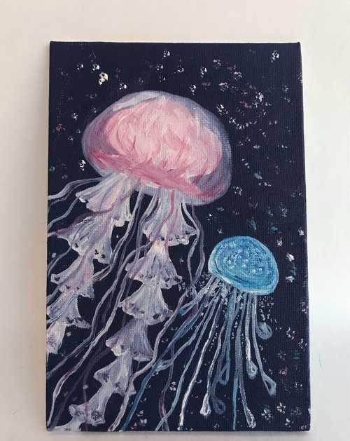 Картина миниатюра - открытка маслом "Пара медуз"