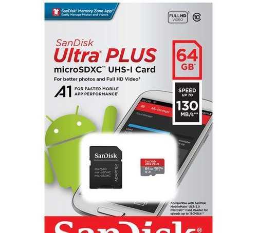 Карта памяти sdhc Micro SanDisk 64GB Ultra plus