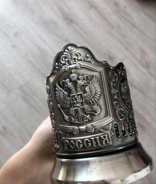 Подстаканник никель с чернением «Герб РФ» Кольчуги