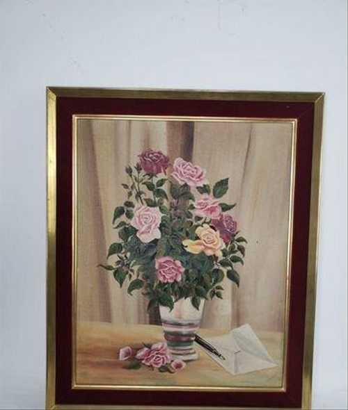 Картина "Букет роз и письмо" масло дерево Франция