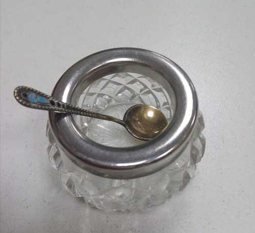 Антикварная солонка с серебряной ложечкой 925проба