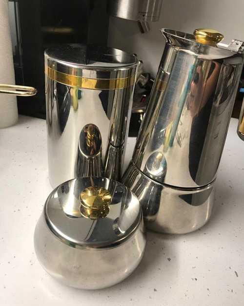 Гейзерная кофеварка Zepter стальная с золотым деко