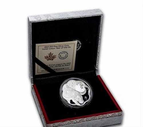Серебряная монета Канады "Лотос - Год Быка" 2021 г