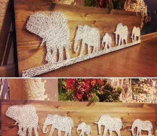 Панно в стиле string art "Слоны"