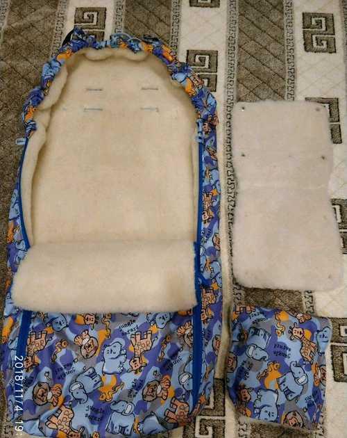 Зимний конверт на овчине и рукавицы