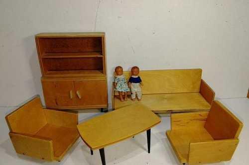 Кукольная детская мебель набор 5 шт дерево + пупсы