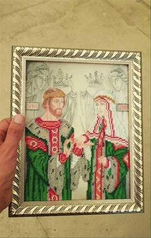 Икона Св Петра и Февронии, вышитая бисером