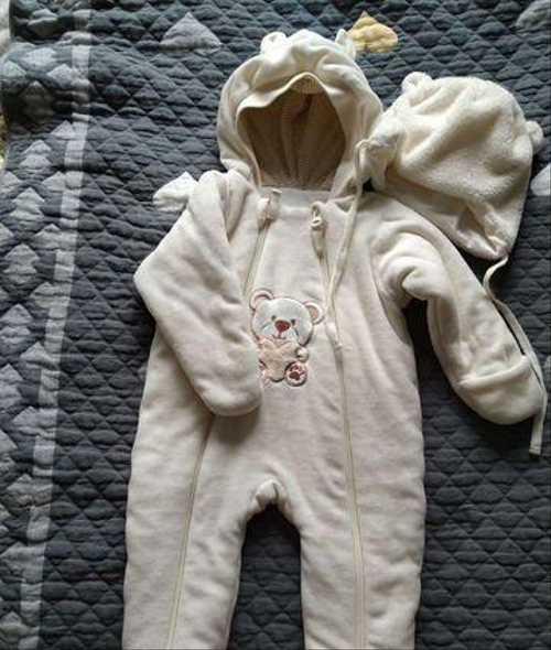 Велюровый утепленный комбинезон 68-74+шапка