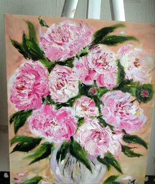 Картина маслом "Розовые Пионы " холст, 50х50