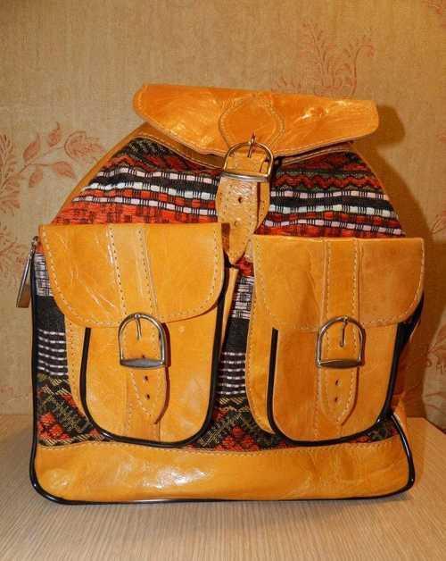 Новый кожаный рюкзак жёлтый с этно-отделкой