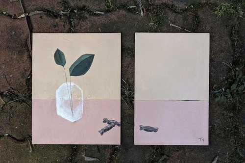 Картина маслом диптих "Белая ваза", 24х30 + 20х30