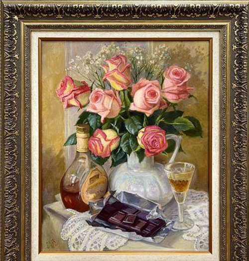 Картина цветы, натюрморт «Розы и шоколад» 50х40