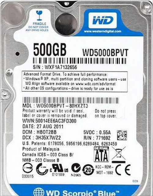 Жесткий диск 500г WD Scorpio Blue WD5000bpvt