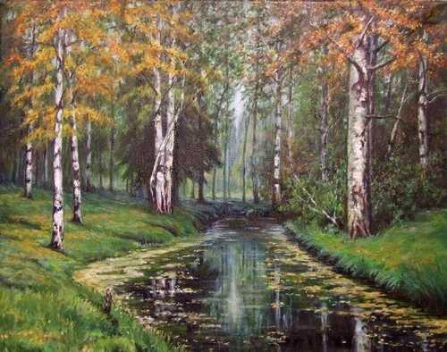 Картина "Золотая осень. Тихая речка в лесу"
