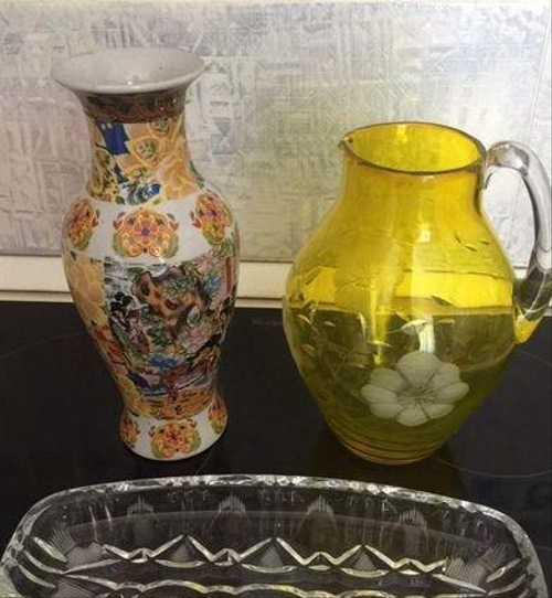 Кувшин цветное стекло ваза Япония селедочница хрус