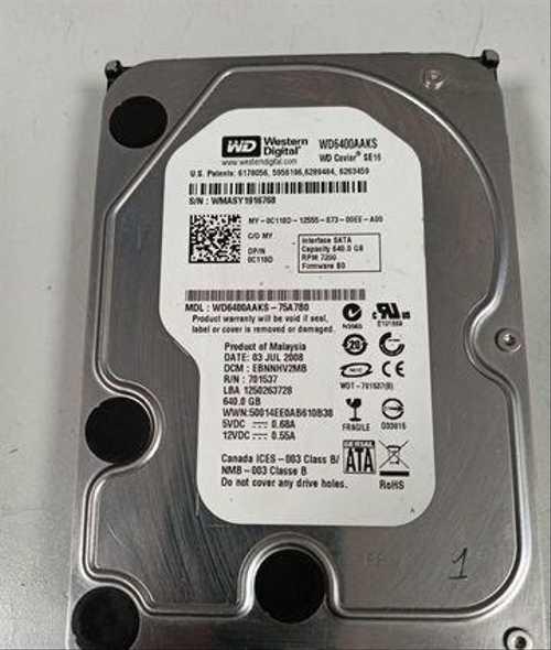 Жёсткий диск 3.5" 640Gb SATA WD6400aaks