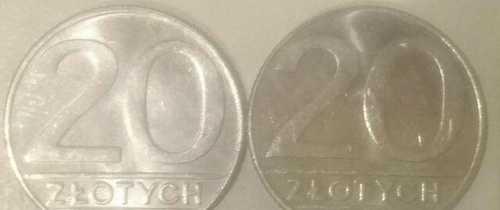 Монета Польша 20 злотых 1990 год -2 шт медно-никел