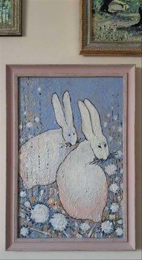 Картина акрилом "Белые кролики"