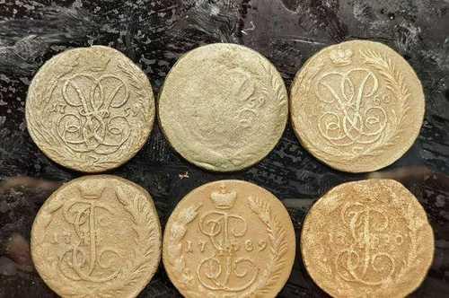 Лот из 6 монет 1 копейка Елизаветы и Екатерины 2