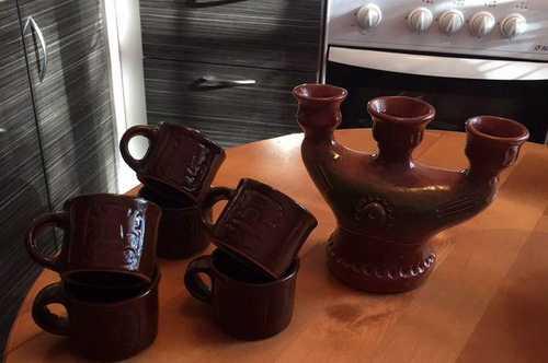 Чашки, подсвечник глиняные декоративные