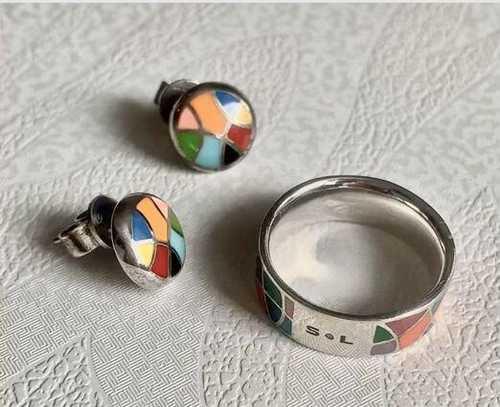 Серебряные серьги и кольцо с эмалью