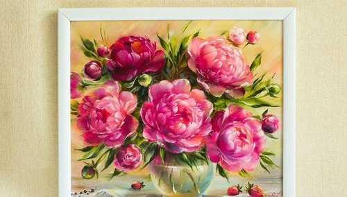 Картина маслом "Розовые пионы в вазе"