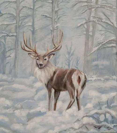 Картина маслом Олень в зимнем лесу