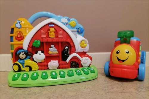 Говорящая ферма chicco и паровозик fisher price