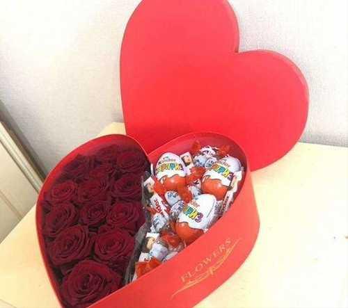 Розы в коробке сердце с киндер шоколадом