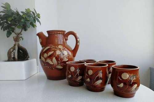Кувшин и чашки керамические глиняные 5 штук