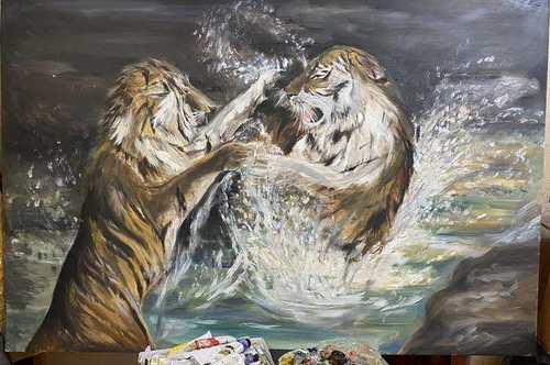 Картина маслом на холсте большая «Тигры в воде»