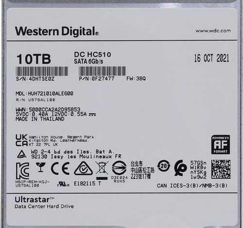 Western Digital SATA 10Tb Ultrastar DC HC510 7200 6Gb/s 256Mb 1 year warranty (HUH721010ALE600)