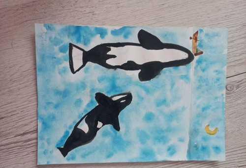 Картина морская, с девочкой на лодке и китами