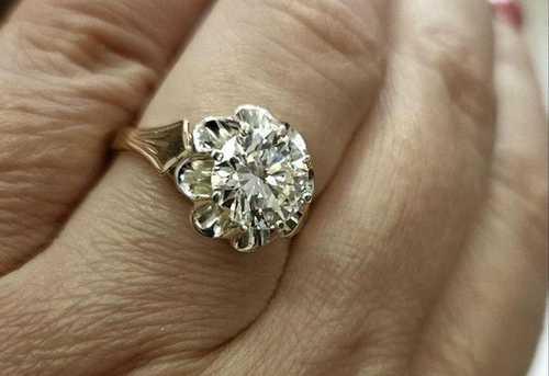 Золотое кольцо природный бриллиант 1,75кт МГУ