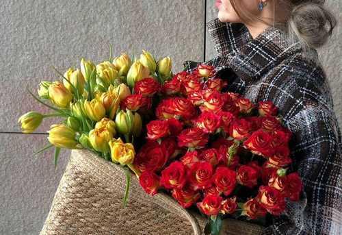 Букет цветов тюльпаны,розы кустовые,цветы доставка