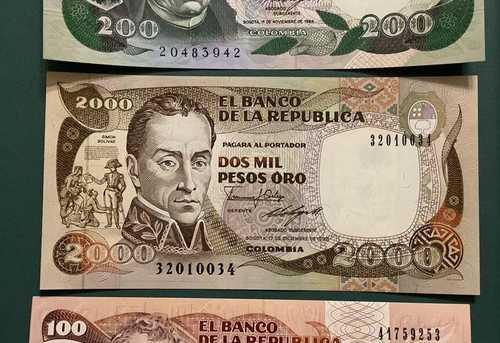 Банкноты коллекционные Колумбии 200 и 2000 песо