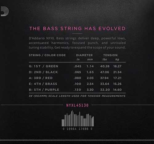 D'Addario nyxl45130 - nyxl Комплект струн для 5-струнной бас-гитары, Long Scale, Reg Light, 45-130