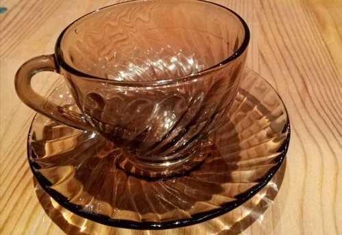6 чайно-кофейных пар, тонированное стекло, Франция