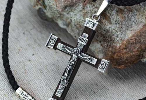 Крест сереьряный с гайтаном.Крестик деревянный
