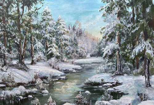 Картина маслом на холсте пейзаж Зима