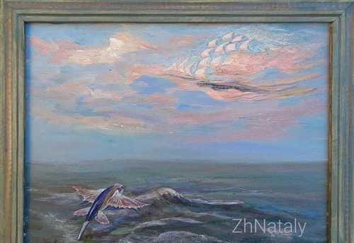 Картина Розовый закат, облачный фрегат и рыбка