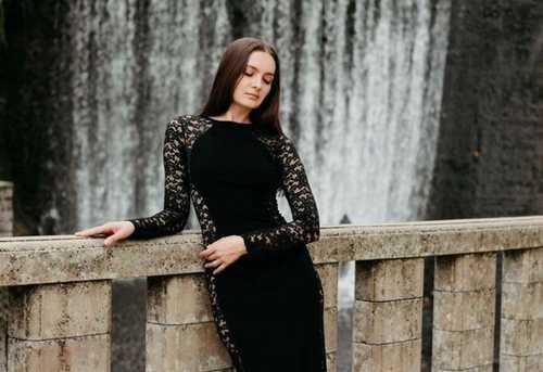 Чёрное длинное женское платье с кружевом вечернее