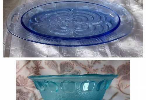 Винтажная вазочка и селёдочница из цветного стекла