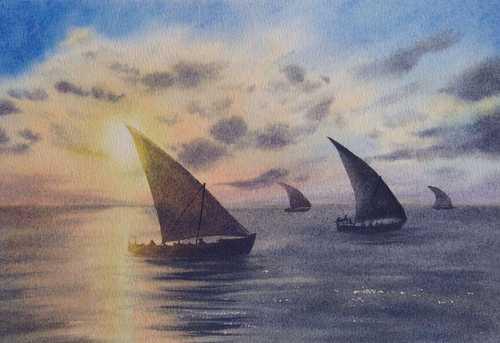 Картина акварелью Яхты в море на закате