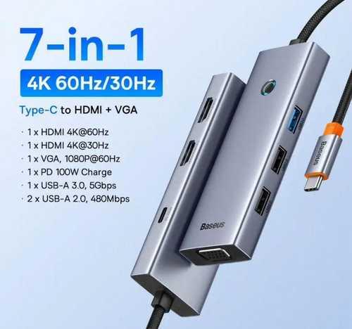 USB хаб Baseus 7 в 1 Type-C hdmi VGA Type-A Новый