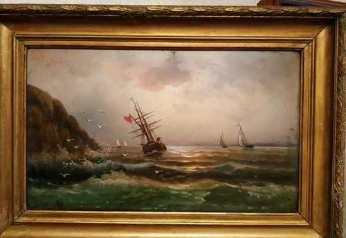 Старинная Картина Корабли в Море 19 век