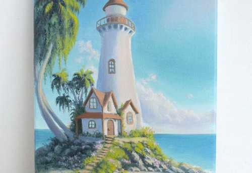 Картина маслом "Дом-маяк на тропическом берегу"