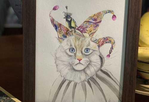 Картина акварельная «Кошка в колпаке»
