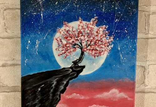 Картина акрилом на холсте "Вишневый цвет под луной